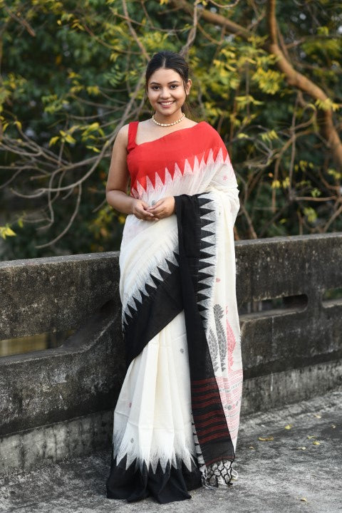 HANDWOVEN PURE MERCERISED COTTON WITH TEMPLE BORDER – PRIYANGI